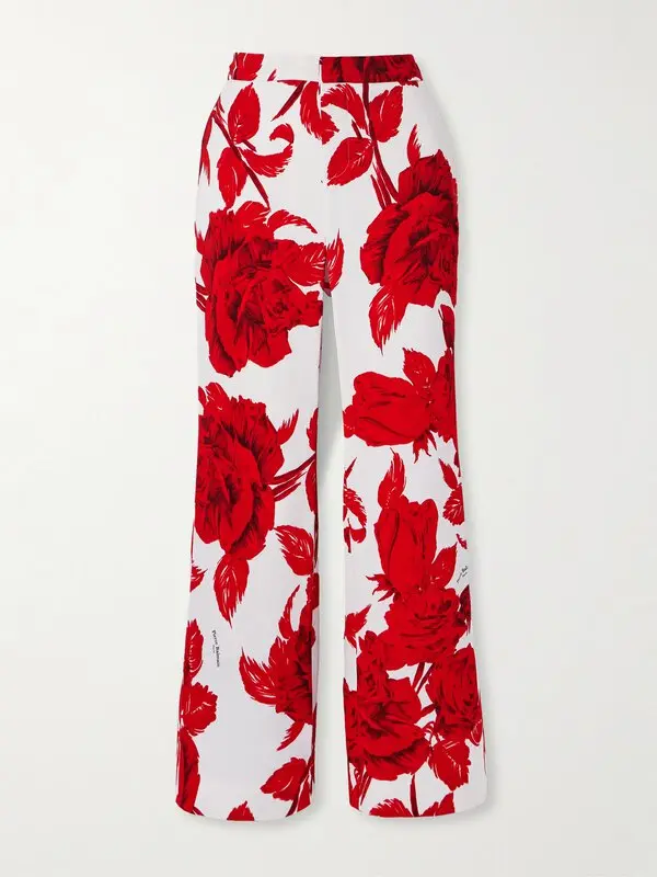 Balmain Floral Print Crepe Flared Trousers - Red