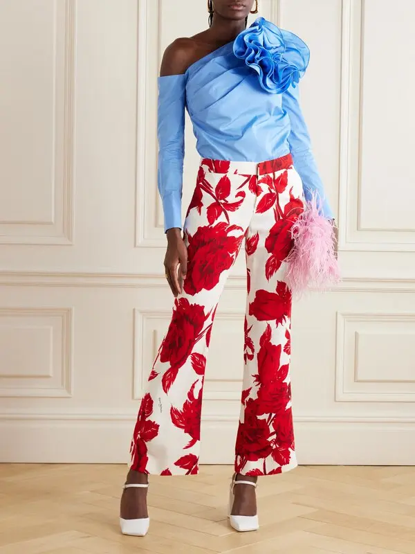 Balmain Floral Print Crepe Flared Trousers