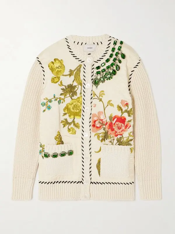 Erdem Embellished Embroidered Faille And Ribbed Cotton-blend Cardigan - Multi