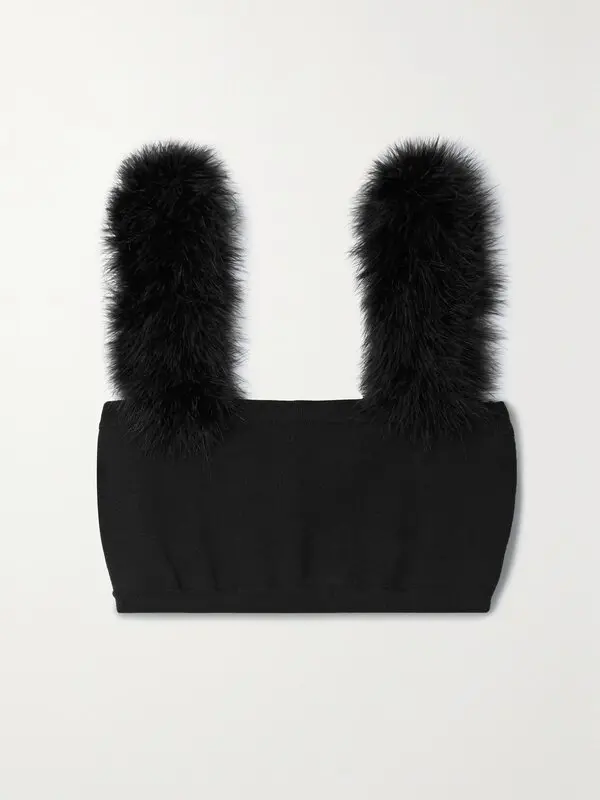 Magda Butrym Cropped Feather-trimmed Knitted Top - Black
