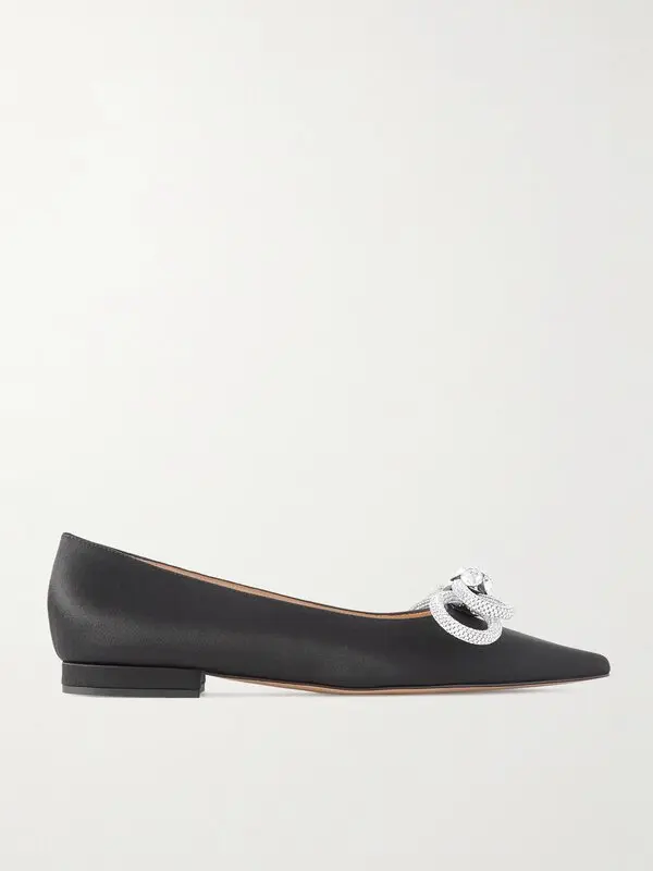 Mach & Mach Double Bow Crystal-embellished Satin Pointed-toe Flats - Black