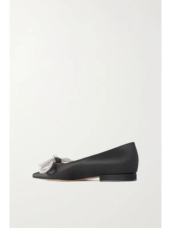 Mach & Mach Double Bow Crystal-embellished Satin Pointed-toe Flats - Black