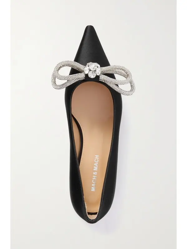 Mach & Mach Double Bow Crystal-embellished Satin Pointed-toe Flats - Black