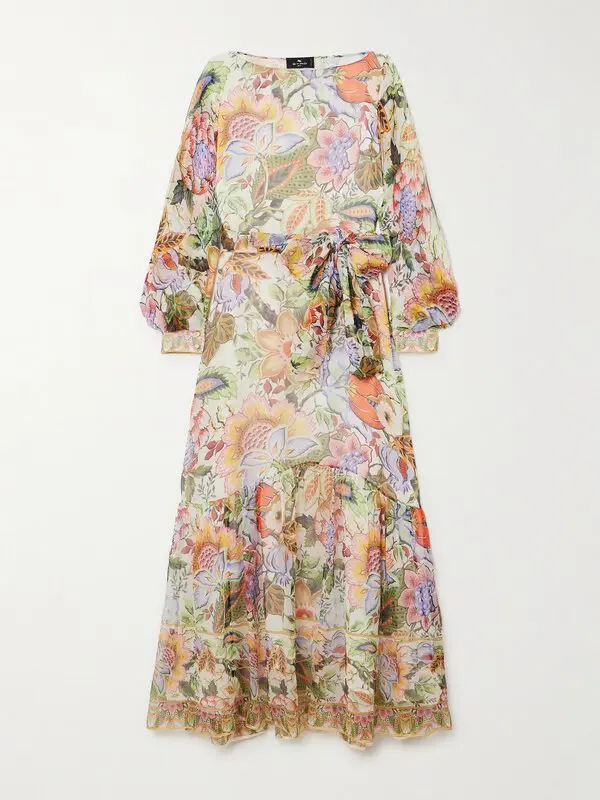 Etro Belted Floral-print Silk-crepon Maxi Dress - Multi