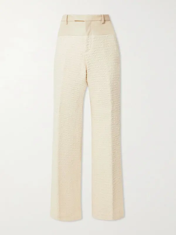 Amiri Leather-trimmed Cotton-blend Tweed Bootcut Trousers - Neutrals