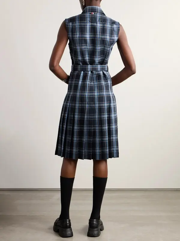 Thom Browne Belted Checked Wool And Linen-blend Midi Dress