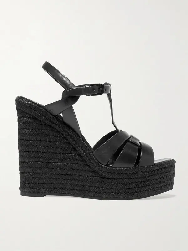 Saint Laurent Tribute Woven Leather Espadrille Wedge Sandals - Black
