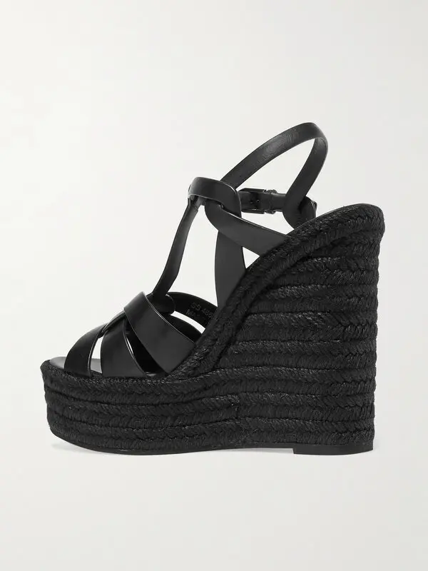 Saint Laurent Tribute Woven Leather Espadrille Wedge Sandals - Black