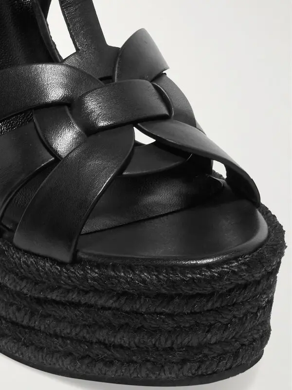 Saint Laurent Tribute Woven Leather Espadrille Wedge Sandals - Black