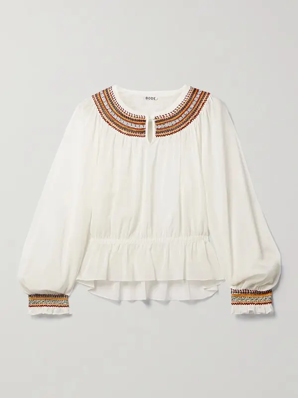 BODE Embroidered Cotton-voile Blouse With Billowy Sleeves