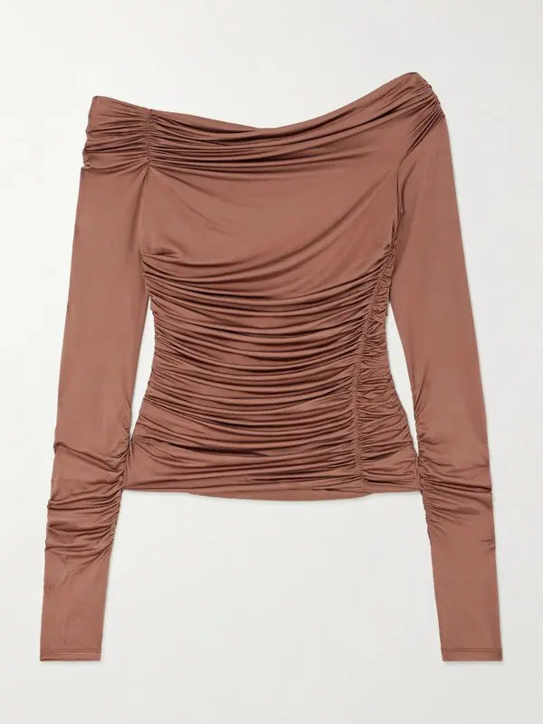 Helmut Lang One-shoulder Ruched Stretch-satin Jersey Top - Brown