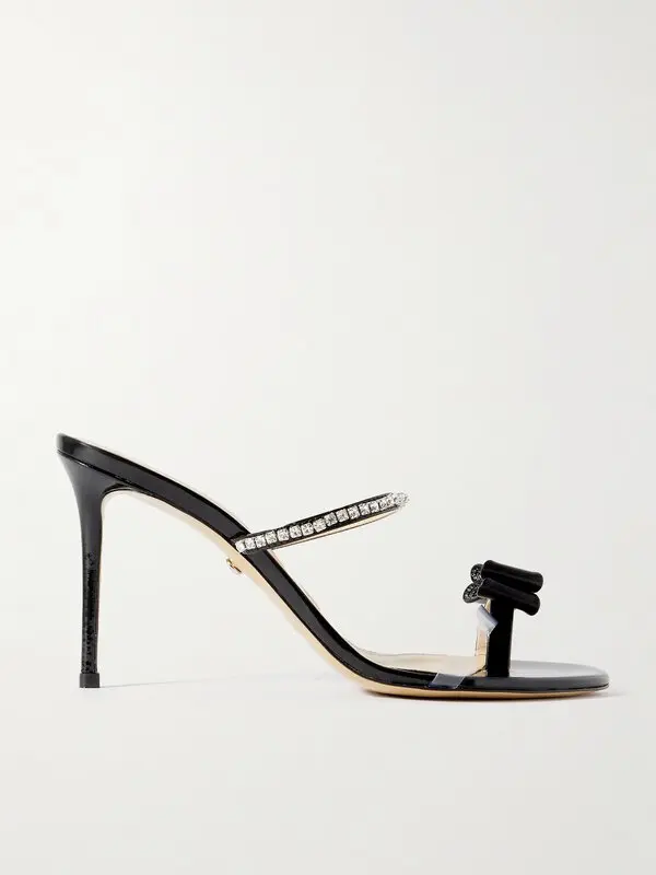 Mach & Mach Petite Cadeau Crystal And Bow-embellished Patent-leather Mules - Black