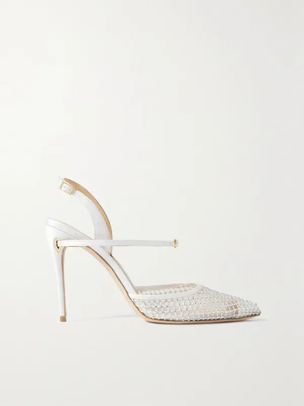 Jennifer Chamandi Vittorio 105 Crystal-embellished Mesh And Satin Slingback Pumps - White