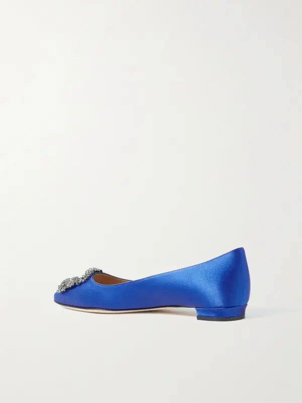 Manolo Blahnik Hangisi Crystal-embellished Satin Pointed Toe Flats - Blue