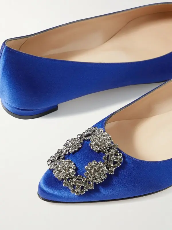 Manolo Blahnik Hangisi Crystal-embellished Satin Pointed Toe Flats - Blue