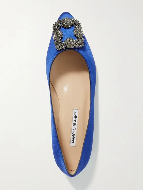 Manolo Blahnik Hangisi Crystal-embellished Satin Pointed Toe Flats - Blue