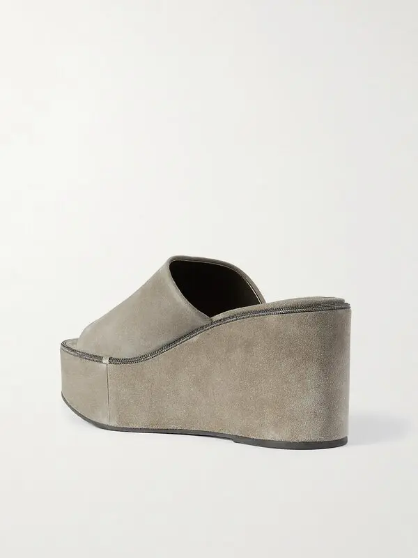 Brunello Cucinelli Suede Bead-embellished Wedge Mules