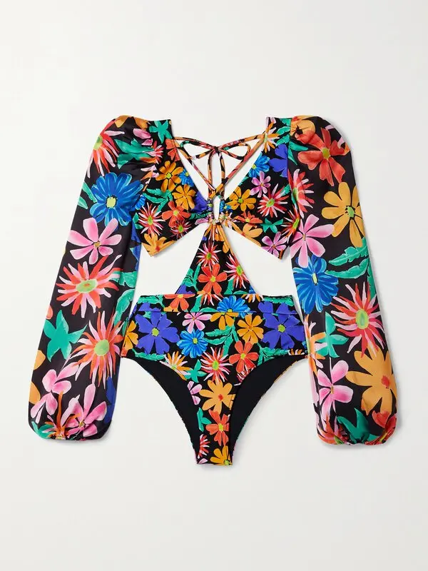 PatBO Aster Crepe De Chine-paneled Cutout Floral-print Swimsuit - Black