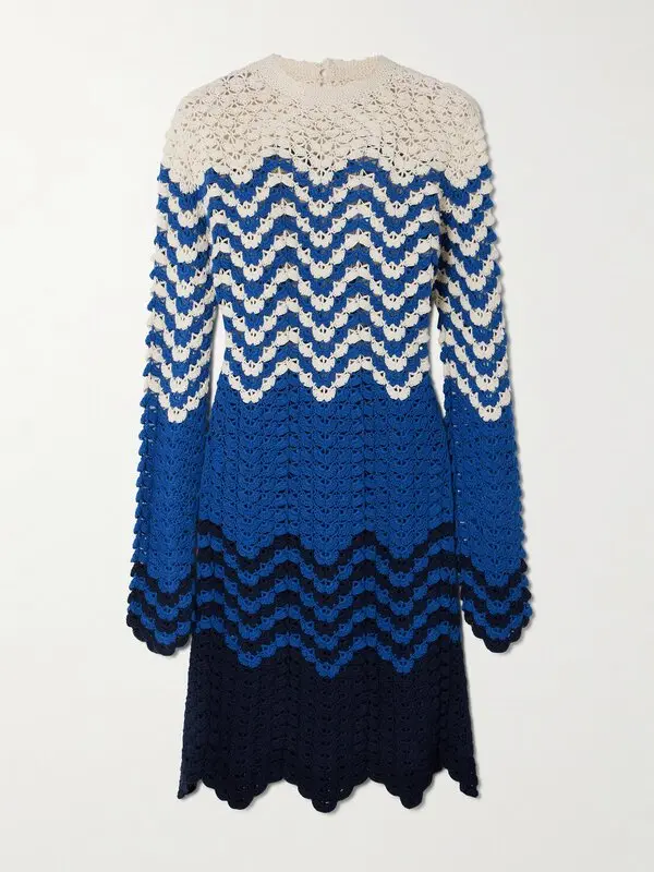 Escvdo Victoria Striped Crocheted Cotton Mini Dress - Blue