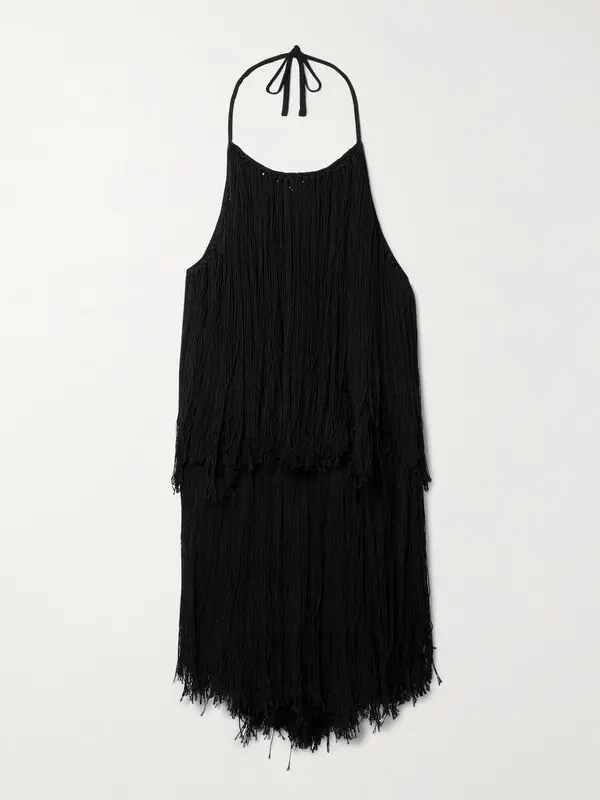 Altuzarra Delphinia Fringed Cotton And Silk-blend Halterneck Sweater - Black
