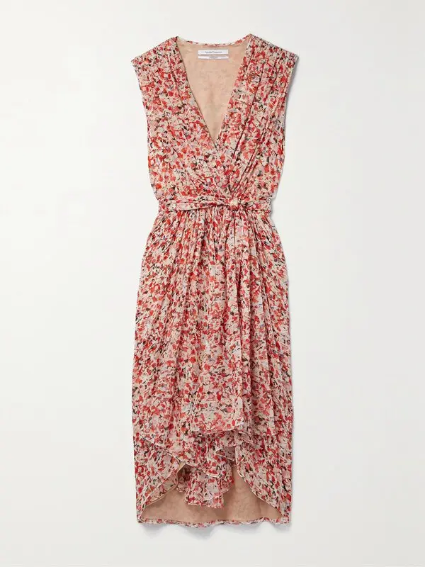 Another Tomorrow Gathered Printed Peace Silk Midi Dress - Red