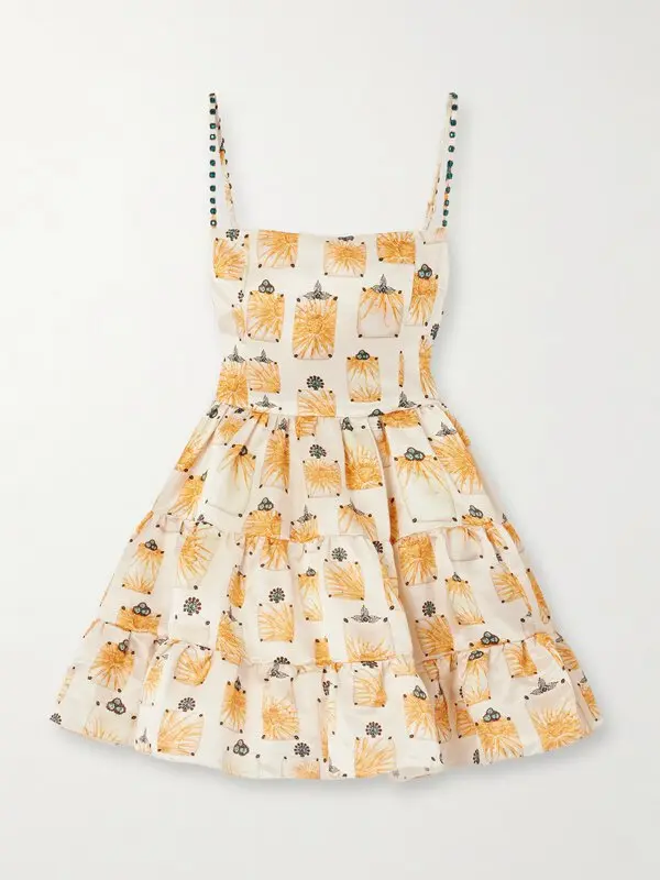 Agua Bendita Lima Tiered Printed Linen And Silk-blend Faille Mini Dress - Neutrals