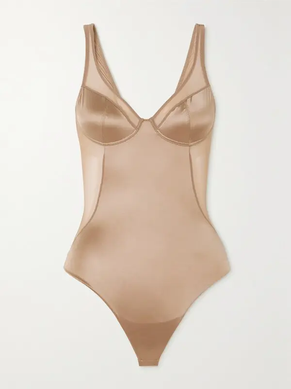 Spanx Shaping Mesh-trimmed Stretch-satin Thong Bodysuit - Neutrals