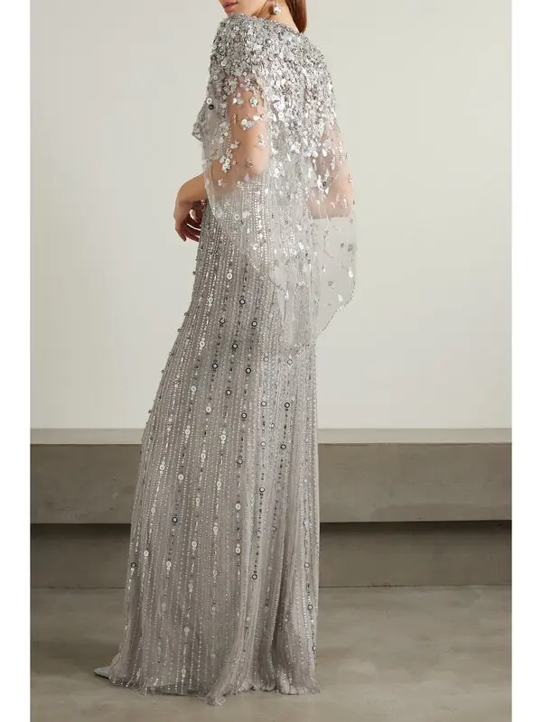 Jenny Packham Nettie Cape-effect Embellished Sequined Tulle Gown - Silver