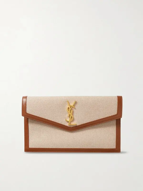 Saint Laurent Uptown Leather-trimmed Cotton-canvas Pouch - Brown