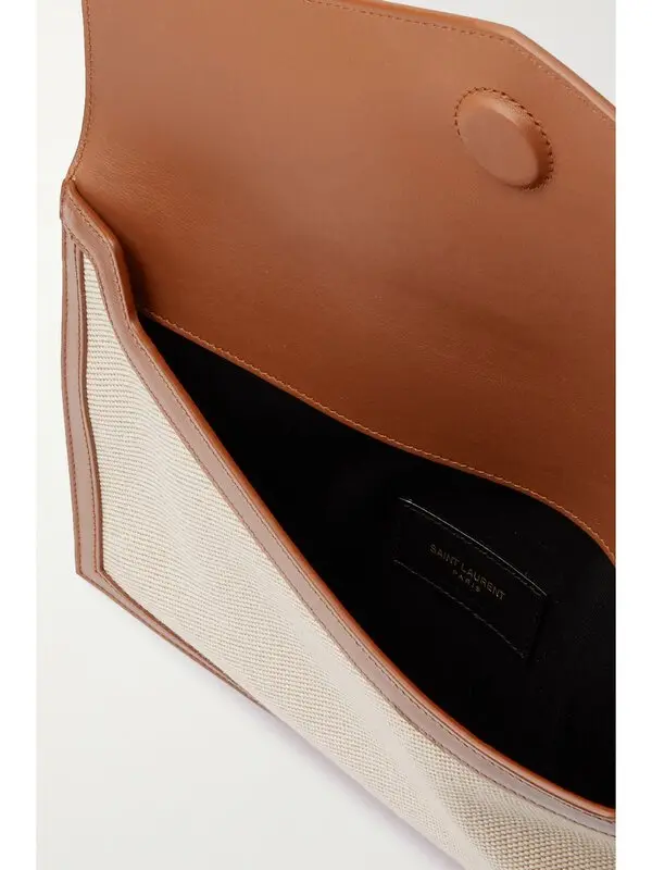 Saint Laurent Uptown Leather-trimmed Cotton-canvas Pouch - Brown