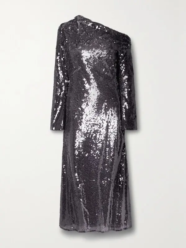 SELF-PORTRAIT Asymmetric Sequined Mesh Midi Dress - Purple