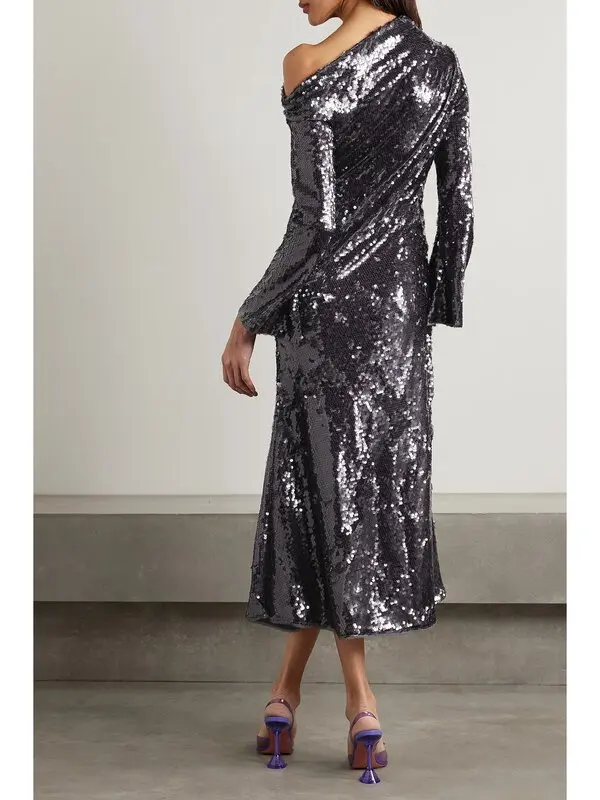 SELF-PORTRAIT Asymmetrical Sequined Mesh Midi Dress