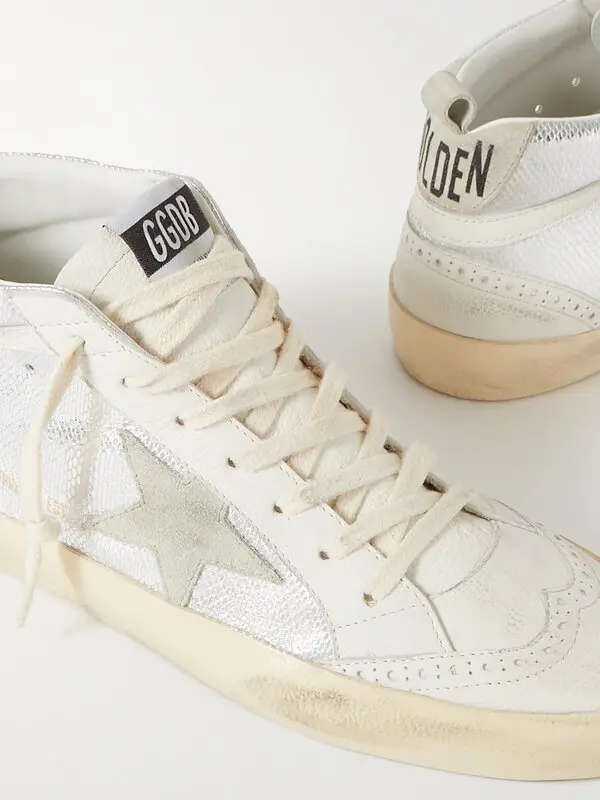 GOLDEN GOOSE Mid Star Distressed Metallic Snake-effect Leather Sneakers