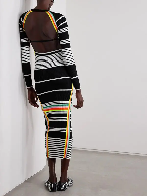 Christopher John Rogers Open-back Striped Ribbed-knit Midi Dress