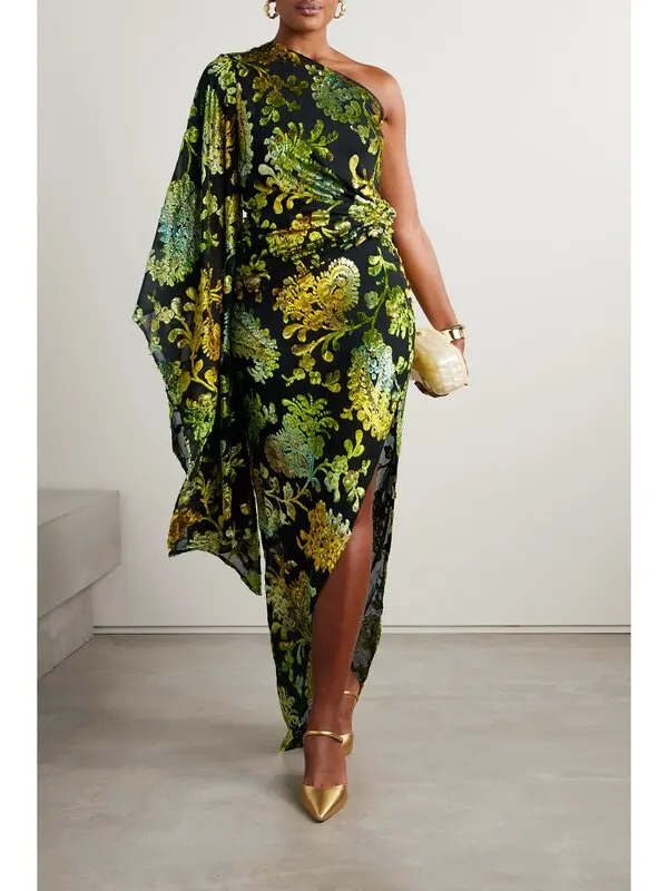 Cult Gaia Adira One-sleeve Metallic Devoré-chiffon Gown