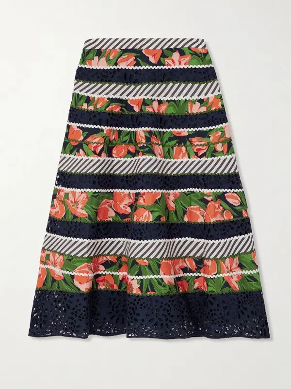 Carolina Herrera Ric Rac-trimmed Printed Cotton-blend Midi Skirt - Multi
