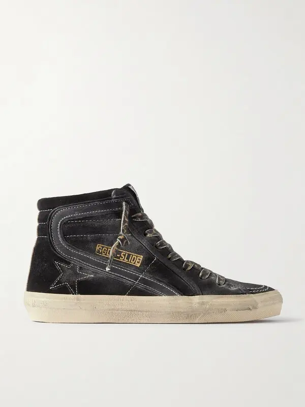 GOLDEN GOOSE Slide Distressed Suede High Top Sneakers With Leather Trim - Black