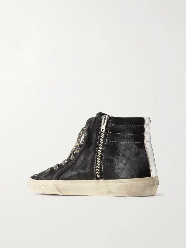 GOLDEN GOOSE Slide Distressed Suede High Top Sneakers With Leather Trim
