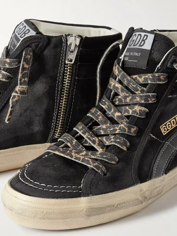 GOLDEN GOOSE Slide Distressed Suede High Top Sneakers With Leather Trim