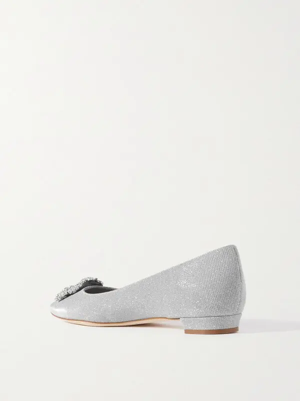 Manolo Blahnik Hangisi Glittered Satin Point-toe Flats - Silver