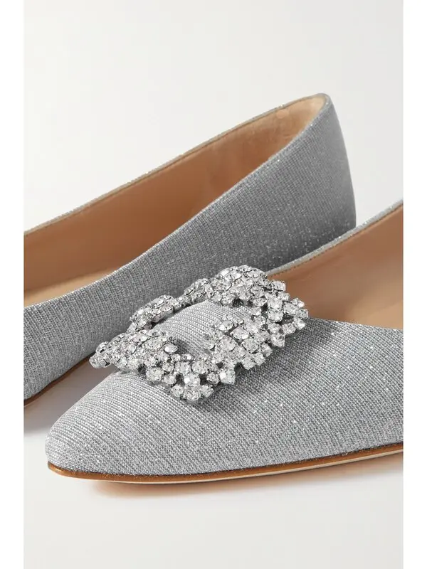 Manolo Blahnik Hangisi Glittered Satin Point-toe Flats - Silver