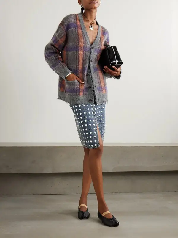 R13 Checked Frayed Brushed-knit Cardigan