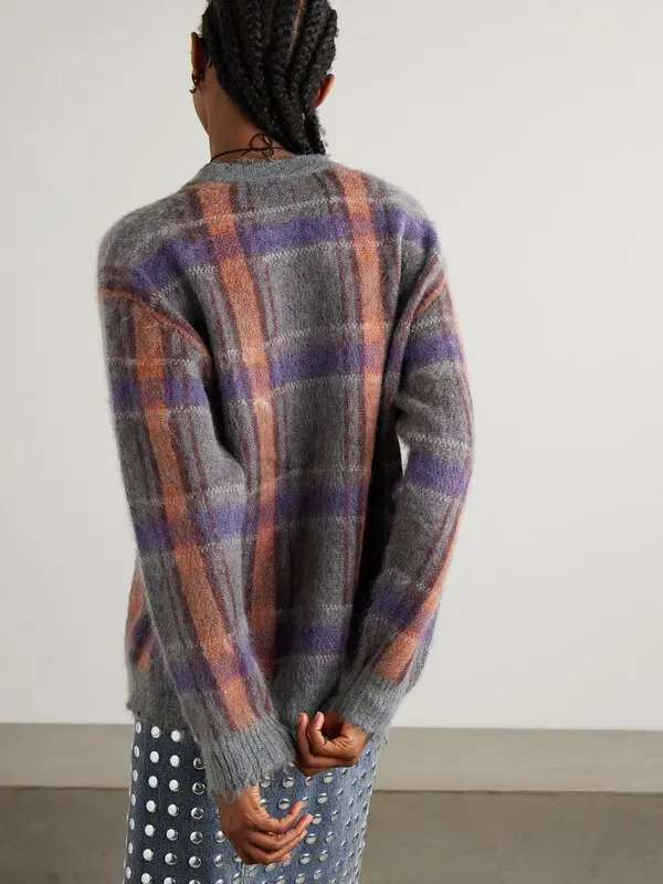 R13 Checked Frayed Brushed-knit Cardigan