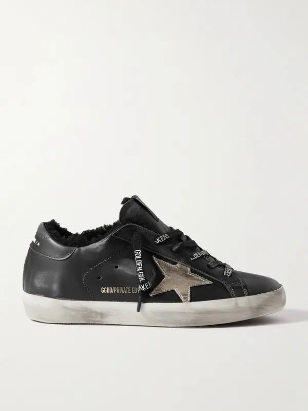 GOLDEN GOOSE Superstar Shearling-lined Distressed Leather Sneakers