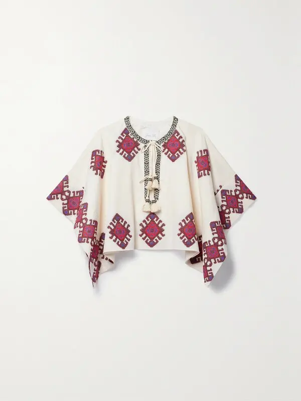Johanna Ortiz Embroidered Cotton Poncho - Neutrals