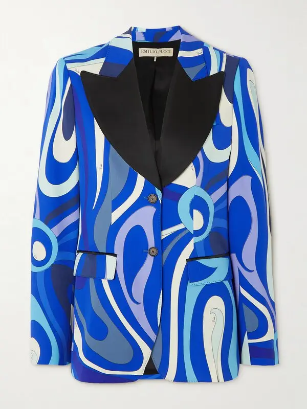 Emilio Pucci Marmo Satin-trimmed Printed Wool-blend Twill Blazer - Blue