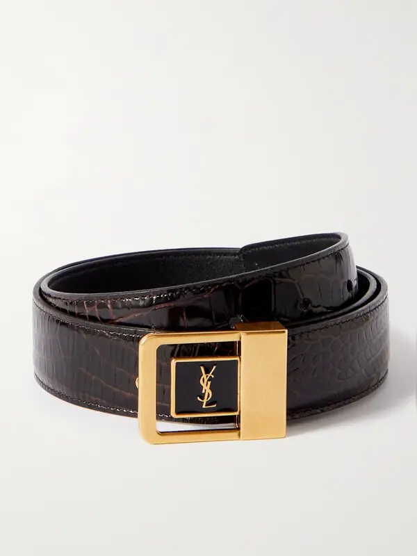 Saint Laurent Croc-effect Leather Belt With Gold-tone Buckle - Brown