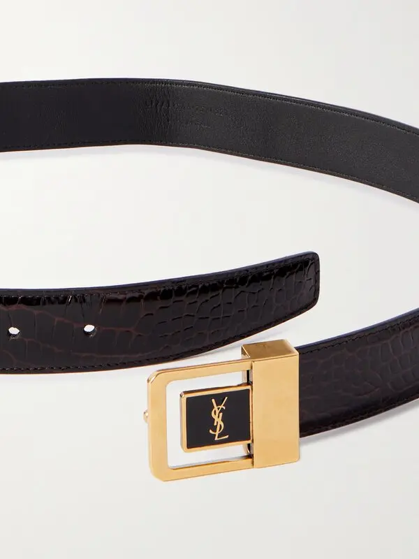 Saint Laurent Croc-effect Leather Belt With Gold-tone Buckle