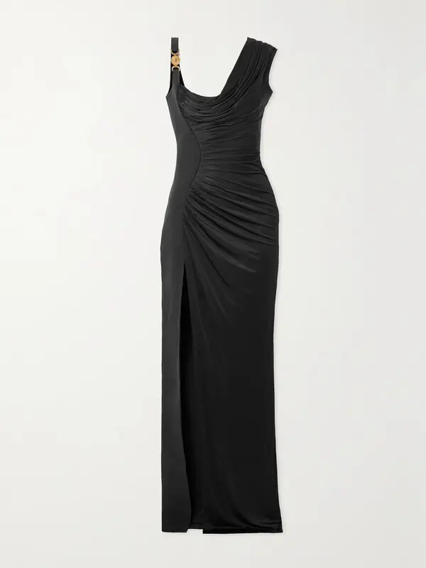 Versace Asymmetrical Embellished Draped Gown - Black