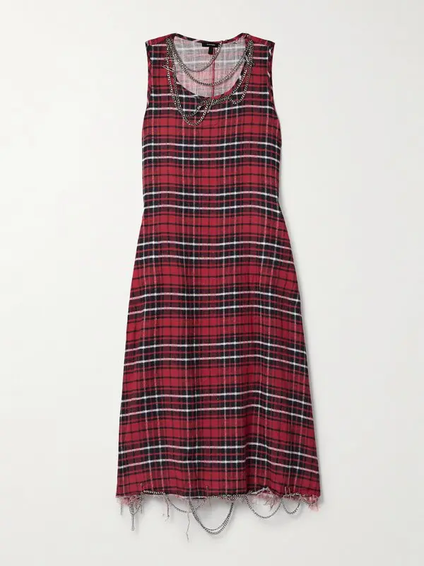 R13 Embellished Distressed Checked Brushed Linen Midi Dress - Red